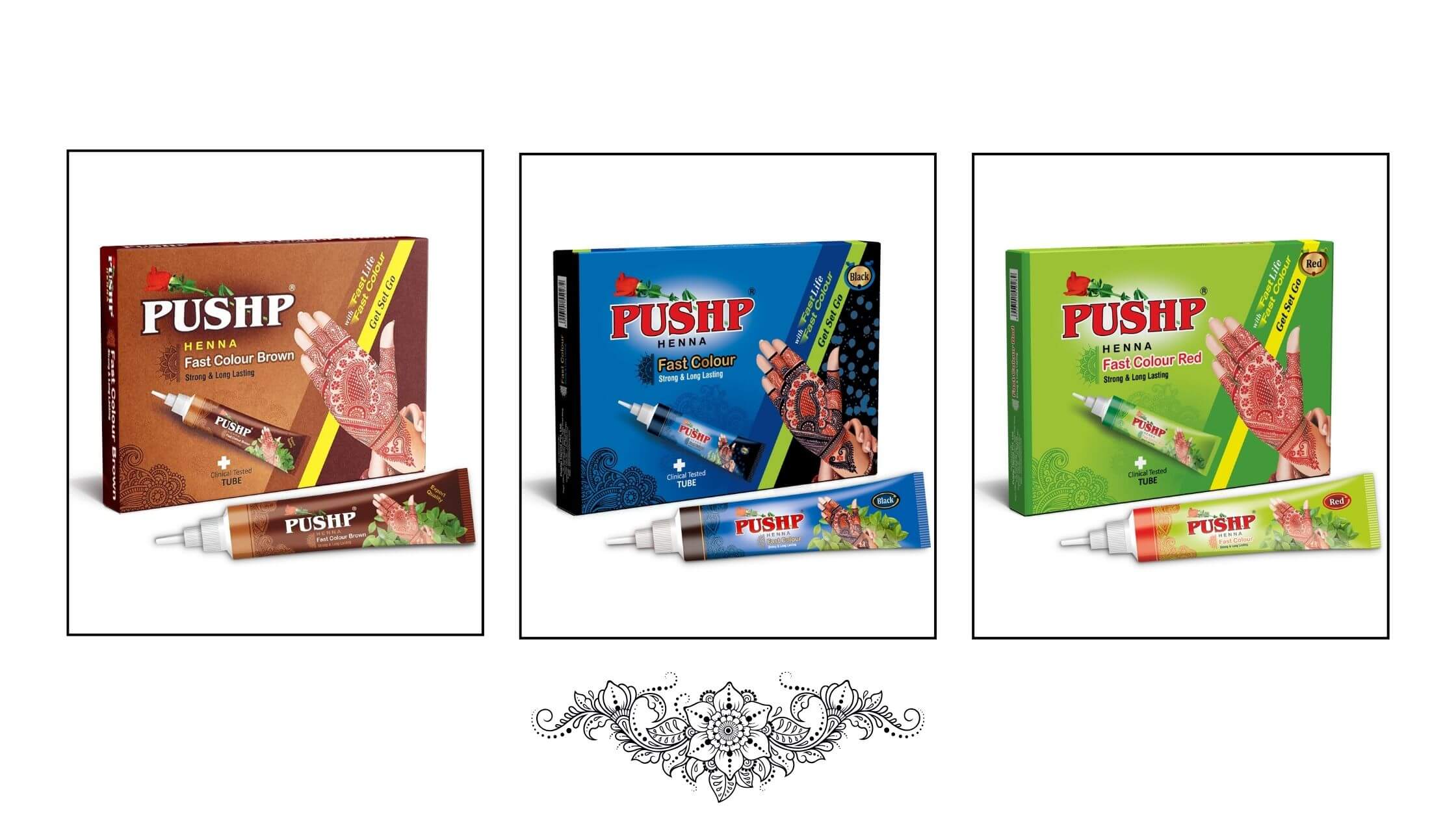 Pushp Henna Fast Tubes – Red, Black & Brown Mehandi